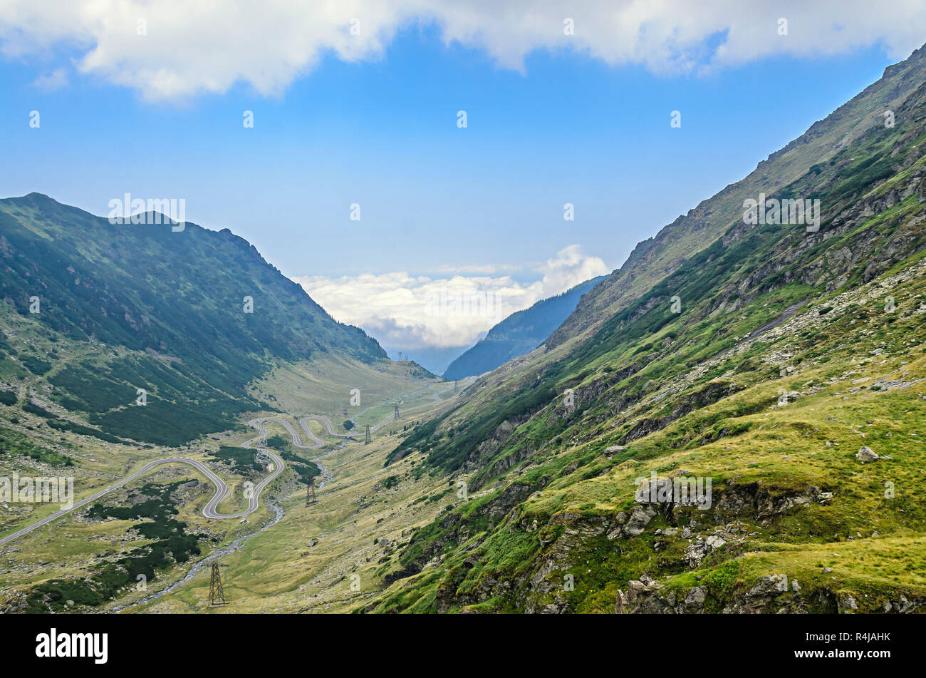 The Transfagarasan road in Fagaras mountains, Carpathians with green ...
