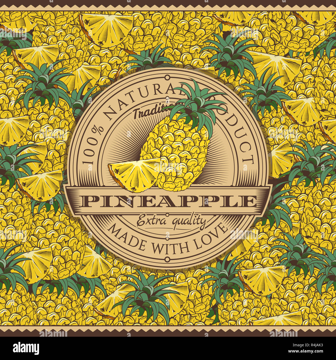 Vintage Pineapple Label On Seamless Pattern Stock Photo - Alamy