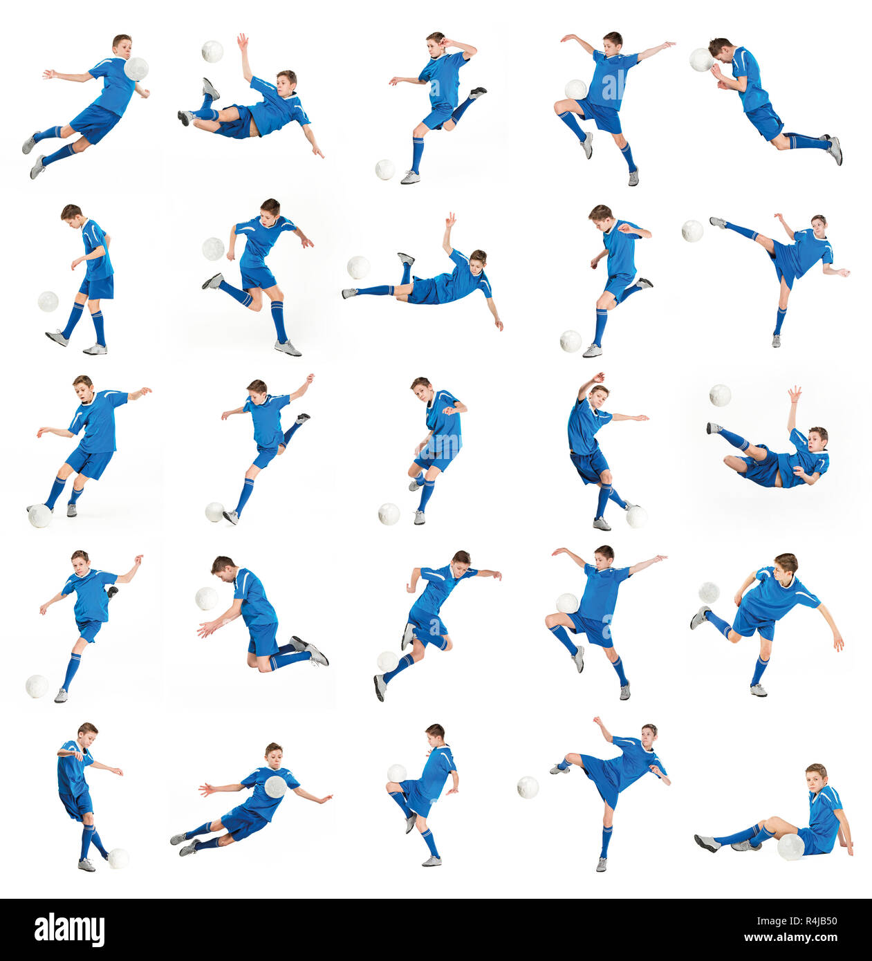 Young boy with soccer ball doing flying kick Stock Photo - Alamy