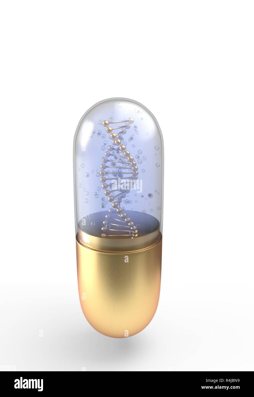 DNA helix inside pill capsules standing 3d illustration Stock Photo - Alamy