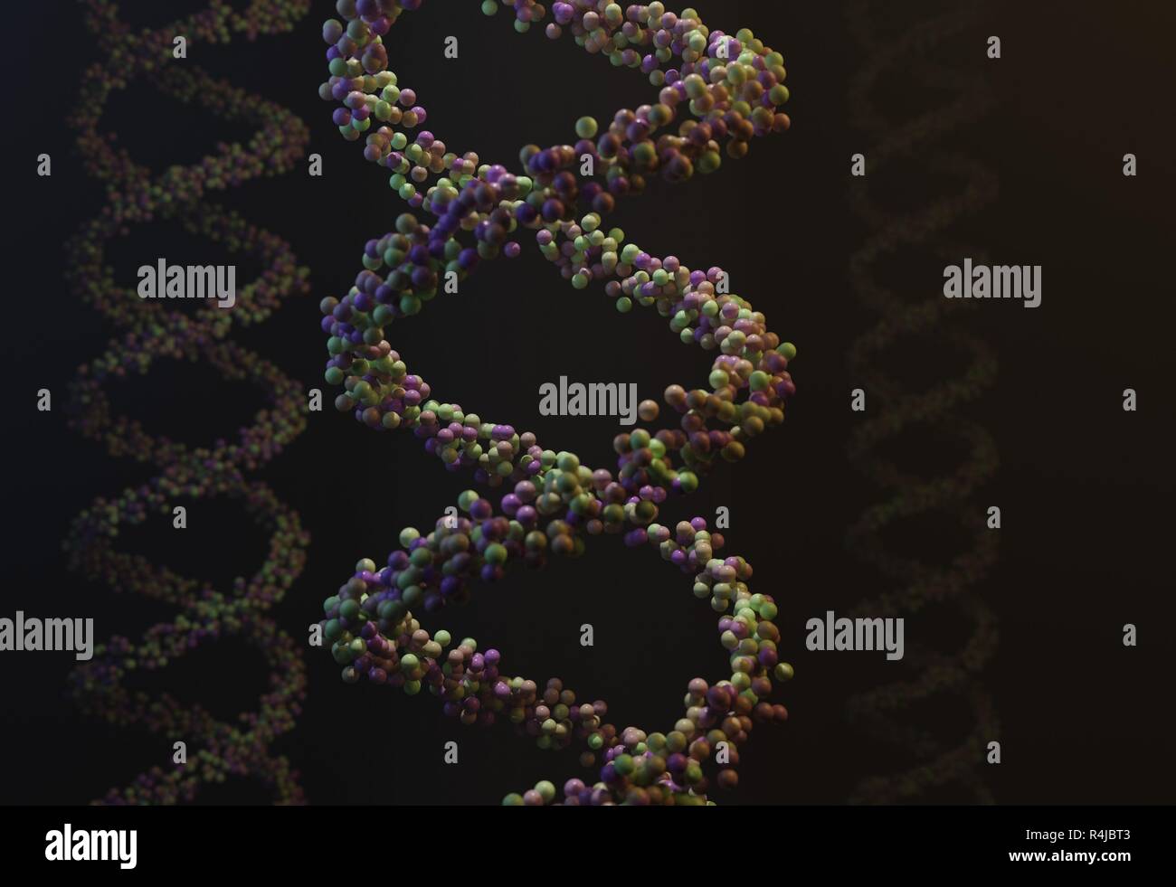 Sequenced pattern of DNA molecule atoms in threads 3d illustration ...
