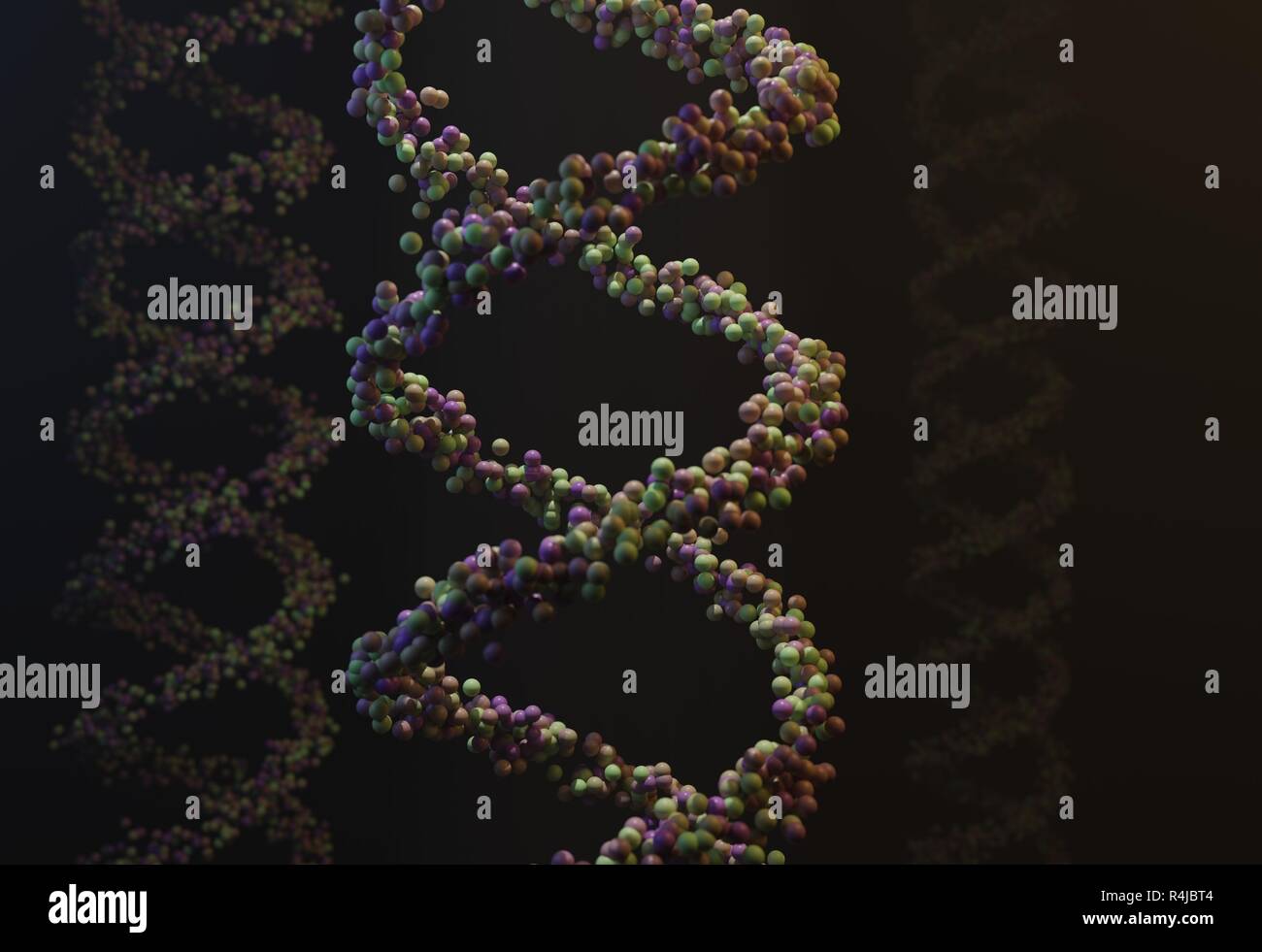 Sequenced pattern of DNA molecule atoms in threads 3d illustration ...