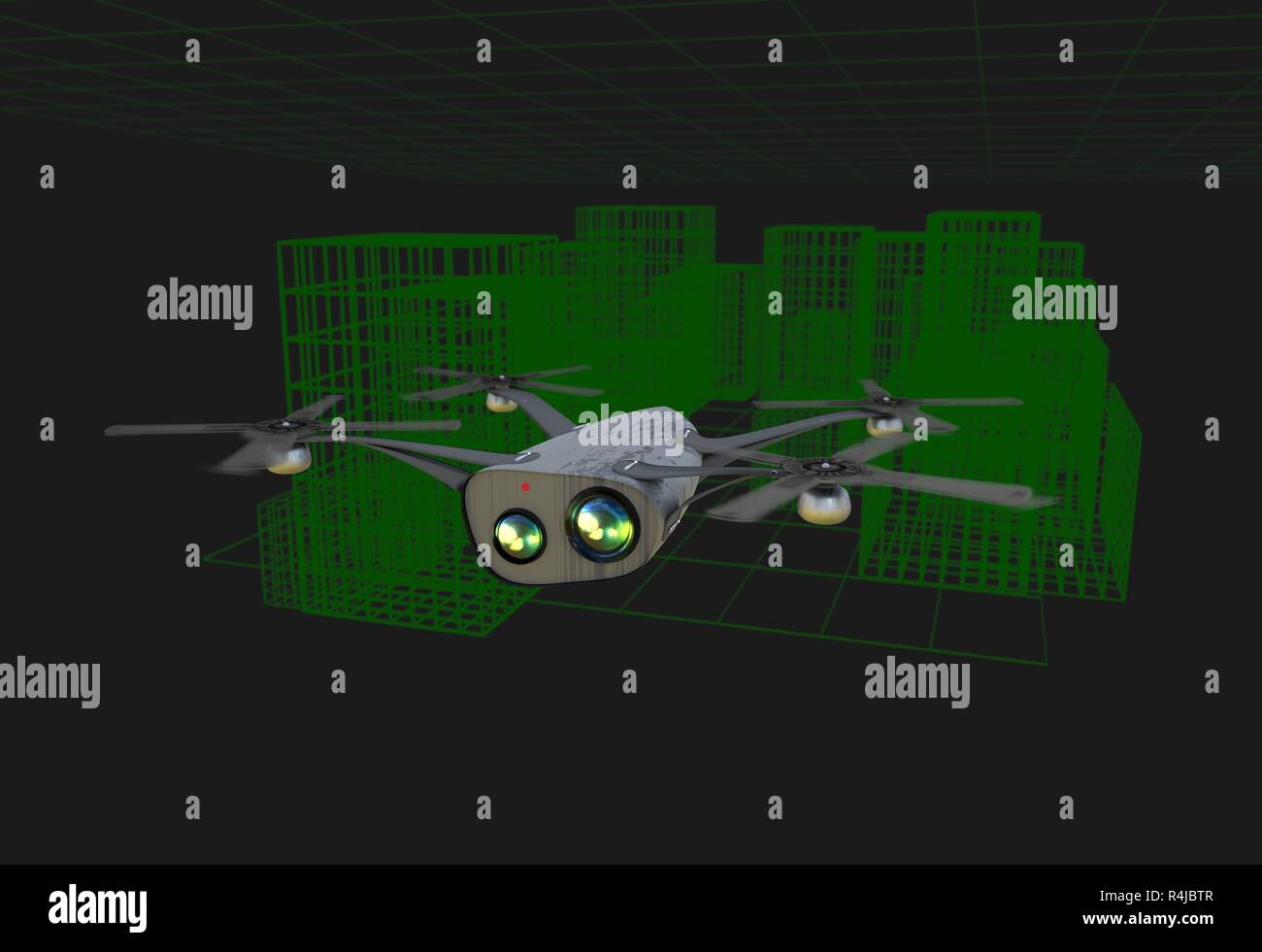 Realistic copter with cameras flying over virtual city 3d illustration ...