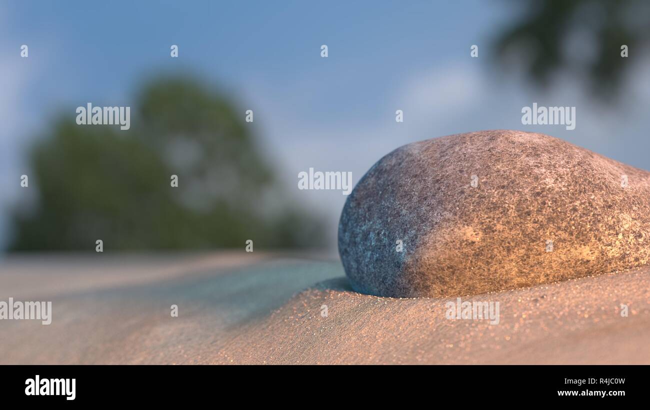 Stone on beach sand at sunset with sky and trees in background 3d ...