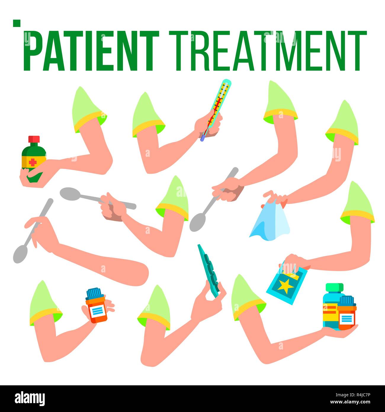 Patient Treatment, Hand Set Holding Pills, Spoon With Medicine Vector ...