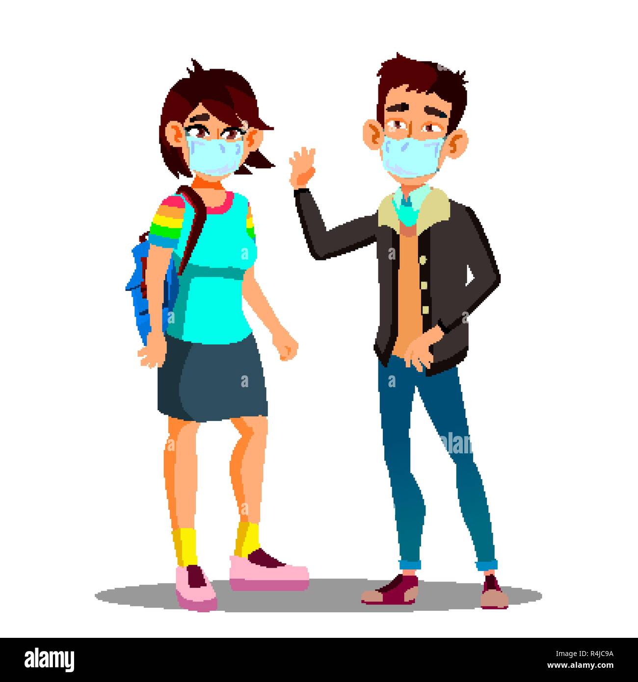 Asian Teen Girl, Boy Wearing A Face Mask In The City Coughing Vector ...
