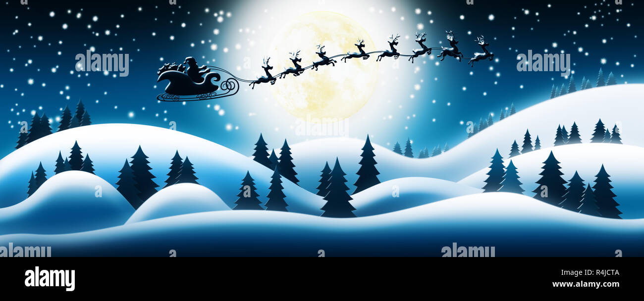 Santa Claus Rides Reindeer Sleigh in Christmas Night Over The Snow ...