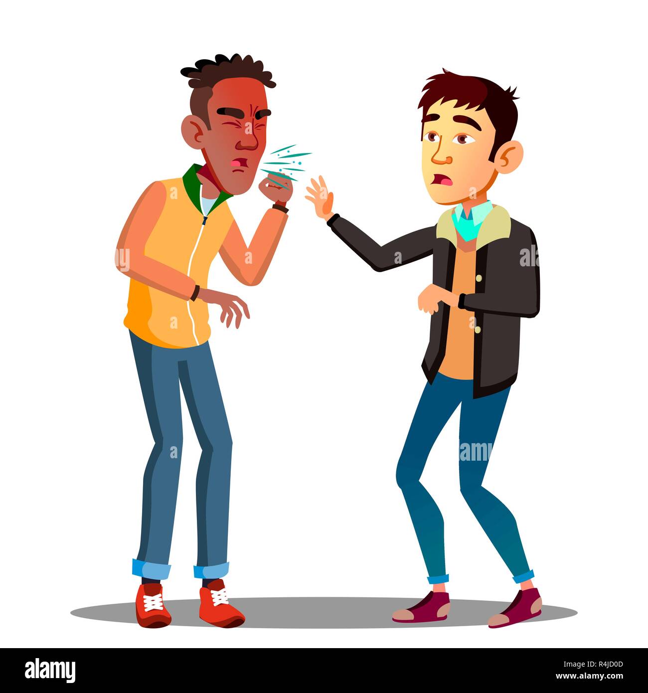 Bacteria Fly Out Of Man S Mouth Sneezing At A Scared Friend Vector ...