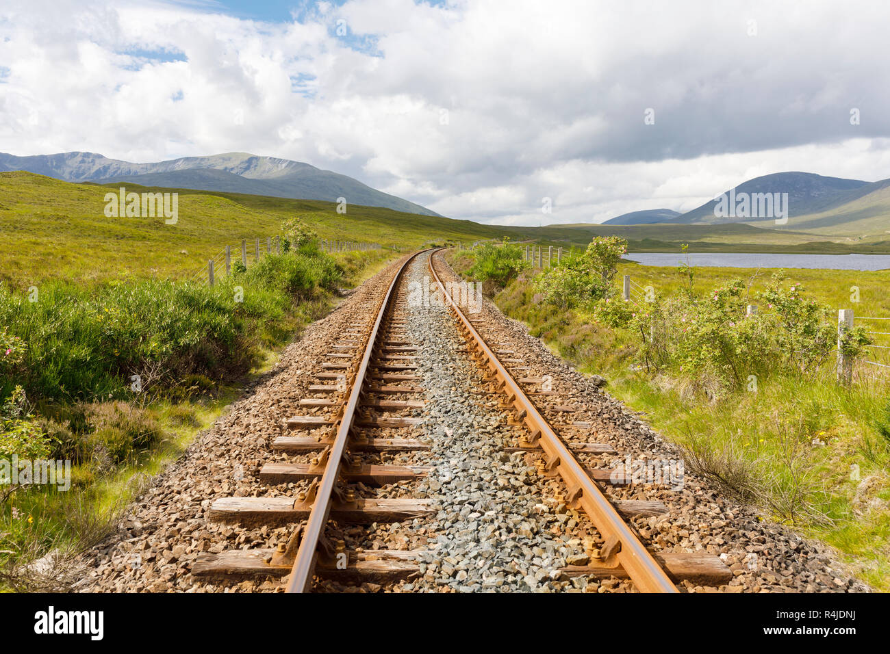 Railroad tracks through field in Scotland Stock Photo - Alamy