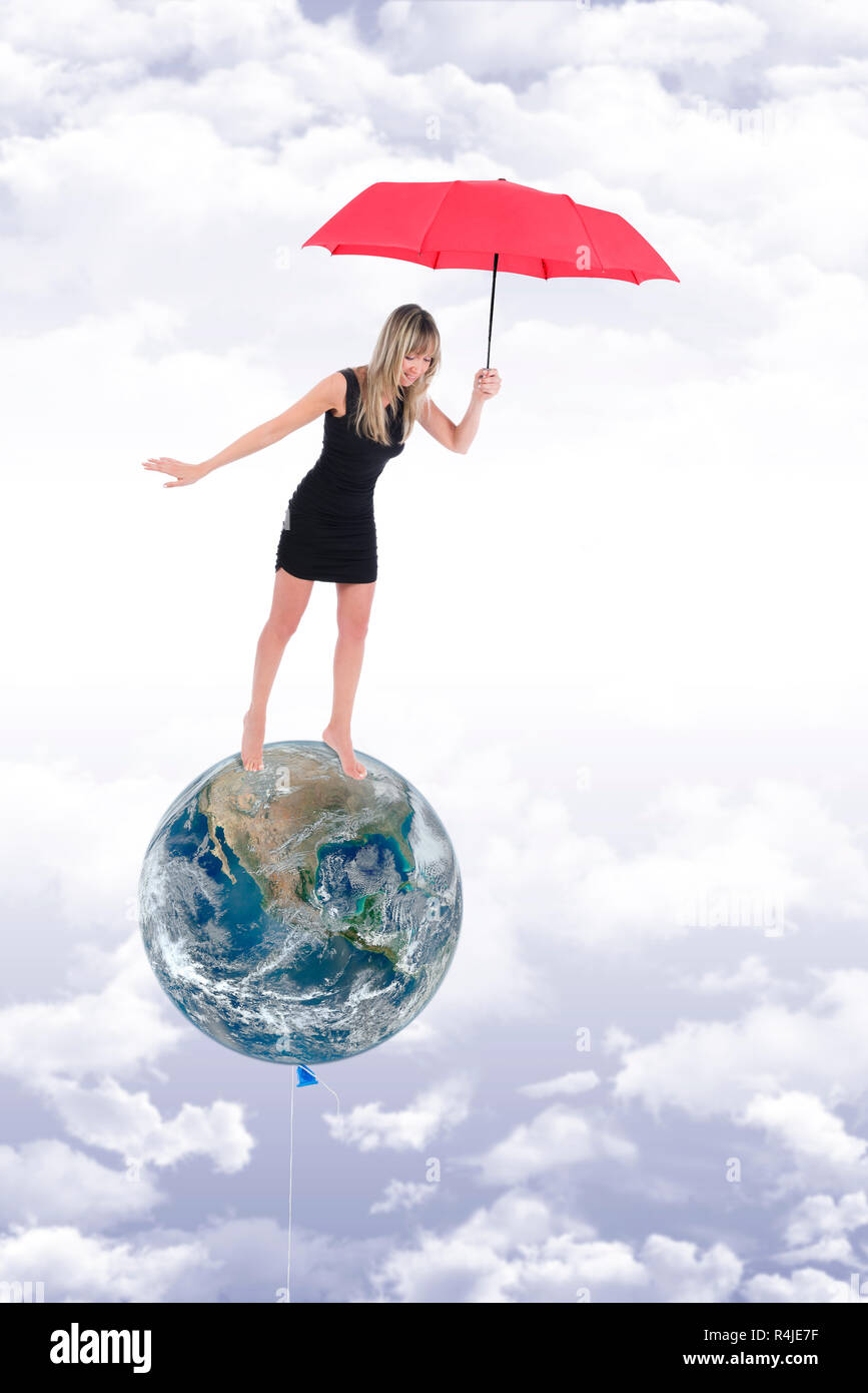 Girl with red umbrella on planet earth represented as a balloon Stock ...