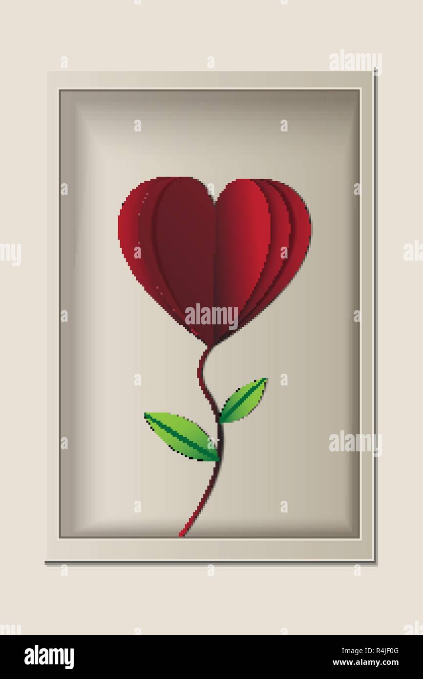 Red rose look like heart shape in the frame, papercut vector Stock ...