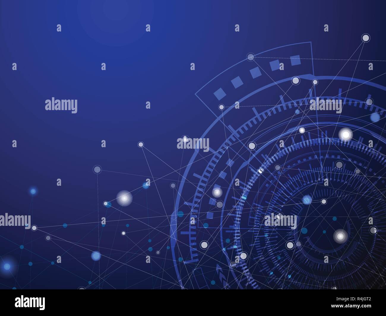 Blue technology circle and computer science abstract background with blue and white line dot ...