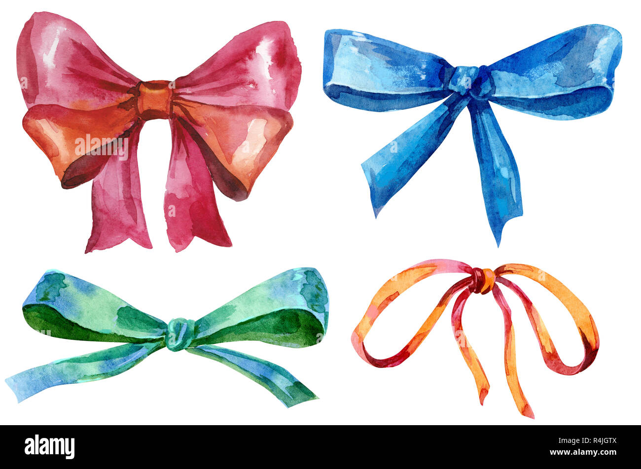 Set of watercolor bows. Hand painted gift bows isolated on white ...