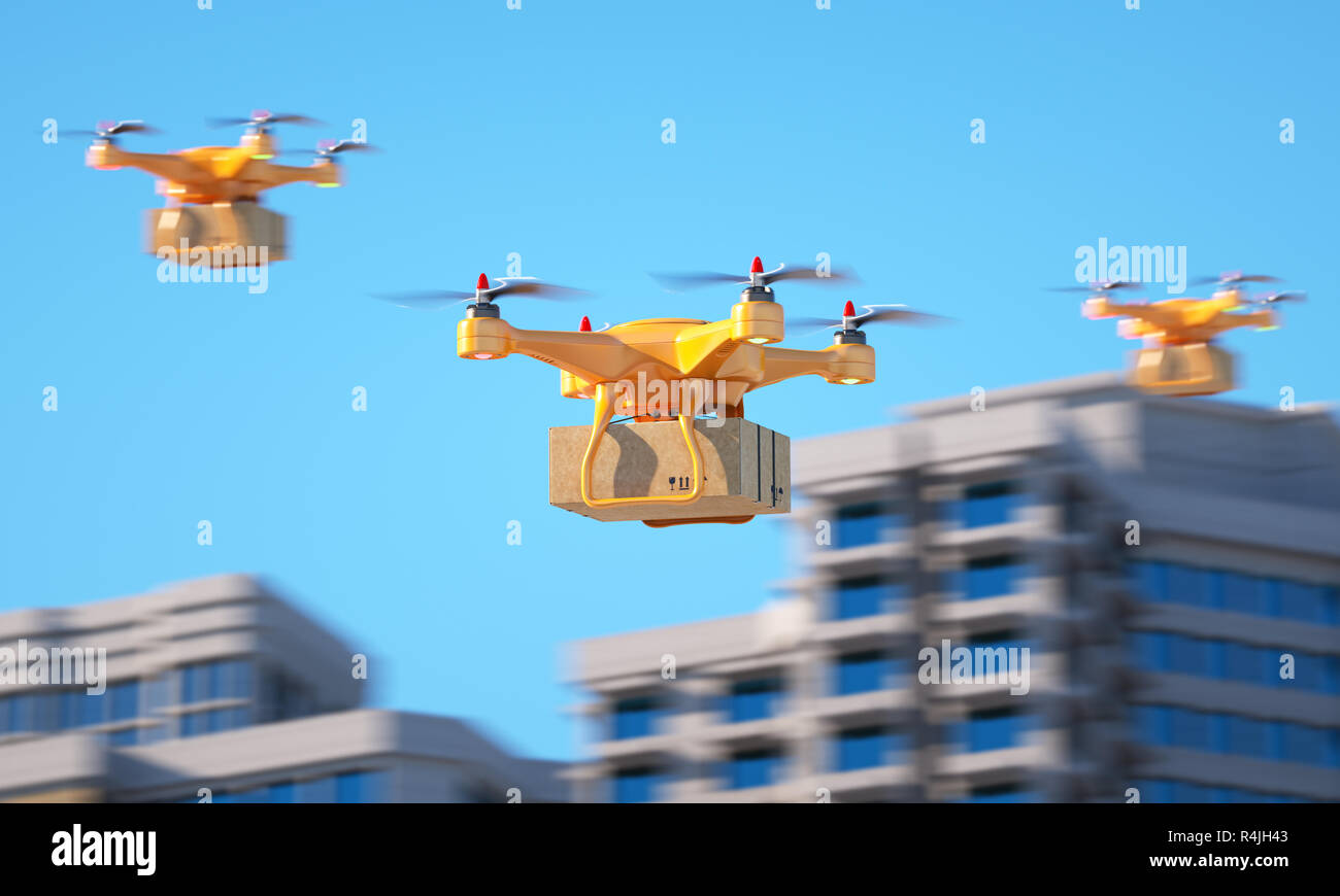 Three drones carrying a parcell. 3d illustration Stock Photo - Alamy