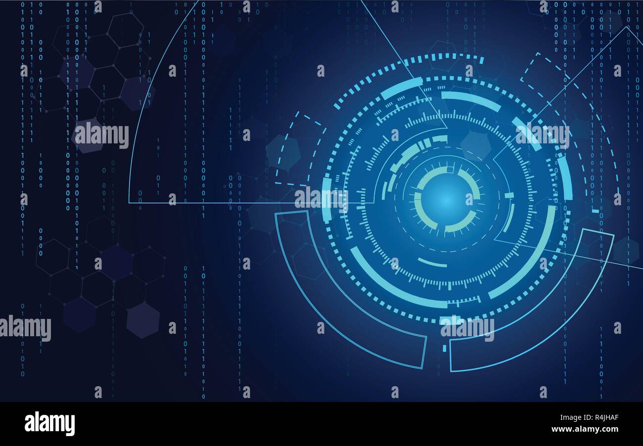 Blue technology circle and computer science abstract background with blue and binary code matrix ...