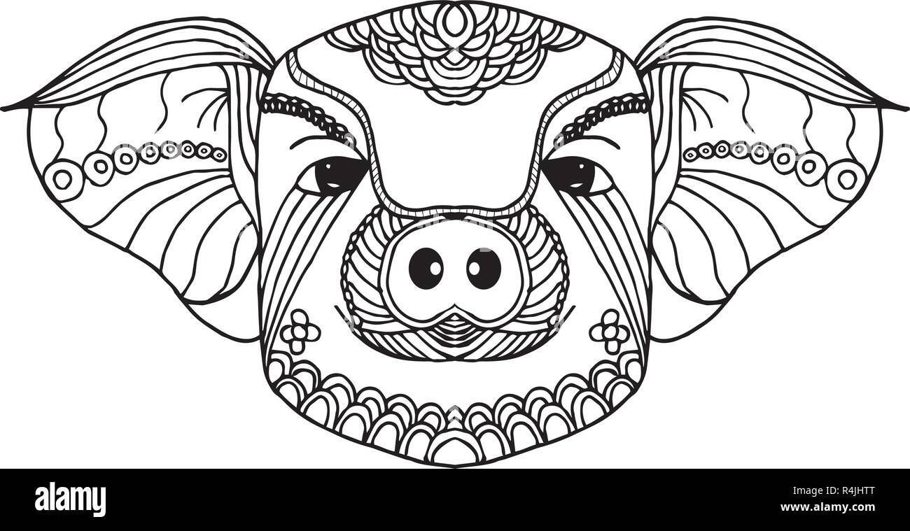Pig zodiac line art. Hand drawn and Animal concept. Black and white for ...