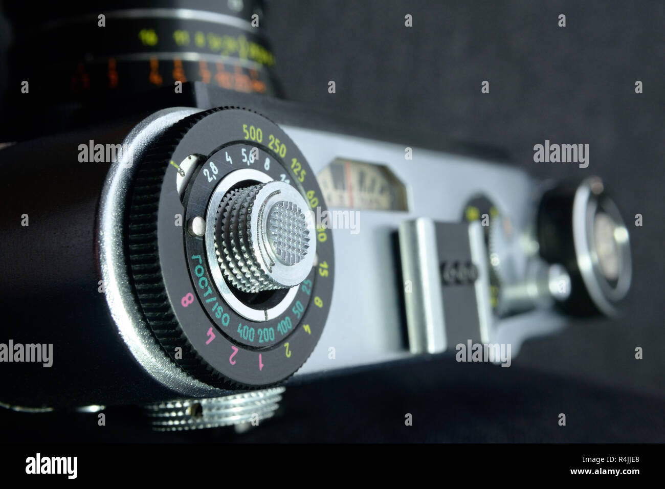 Soviet mechanical SLR camera view from above close up Selective focus ...