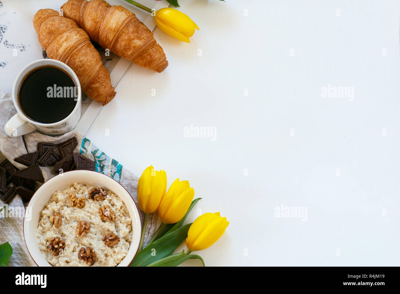 Healthy breakfast on a white background consisted of different ...