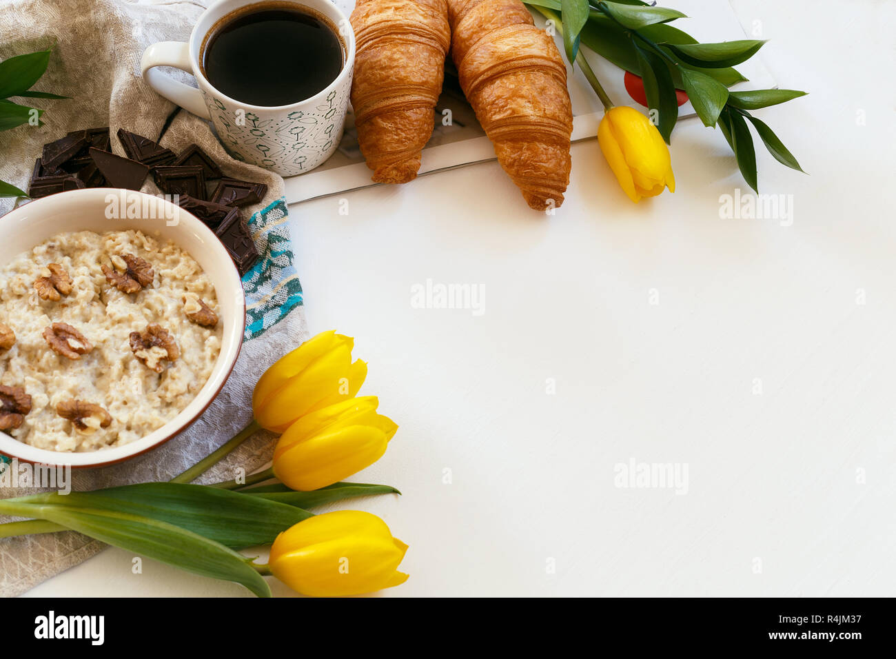 Healthy breakfast on a white background consisted of different ...