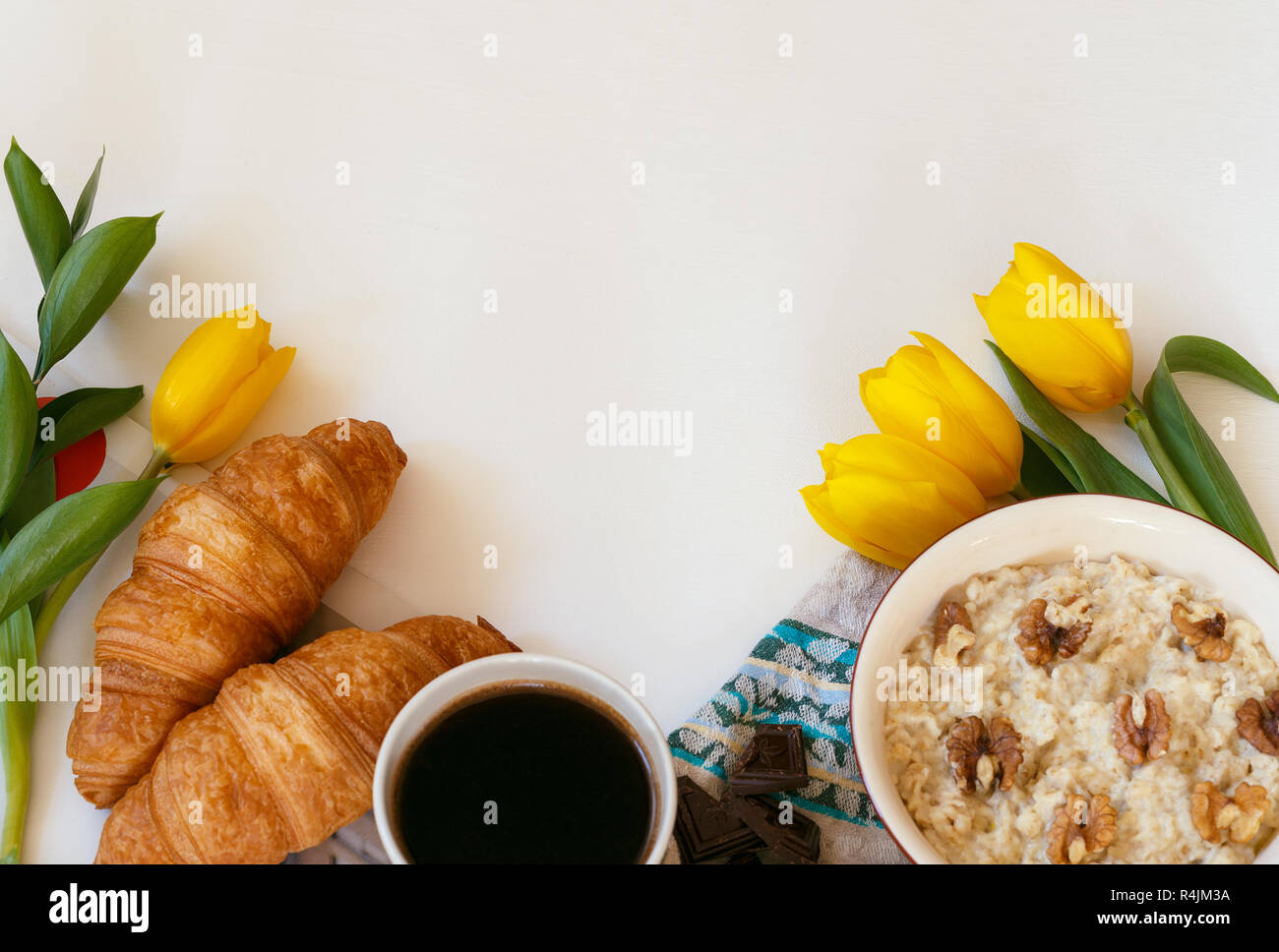 Healthy breakfast on a white background consisted of different ...