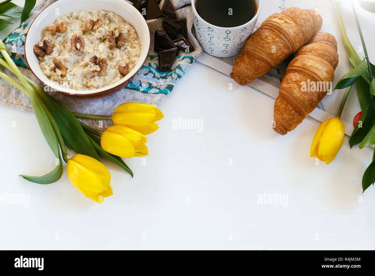 Healthy breakfast on a white background consisted of different ...