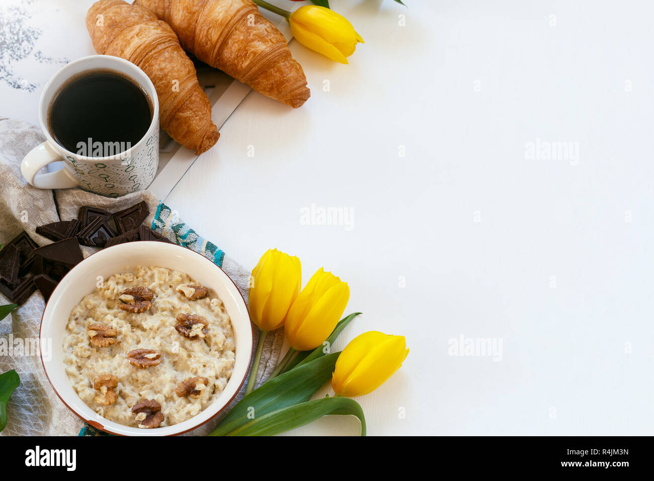 Healthy breakfast on a white background consisted of different ...