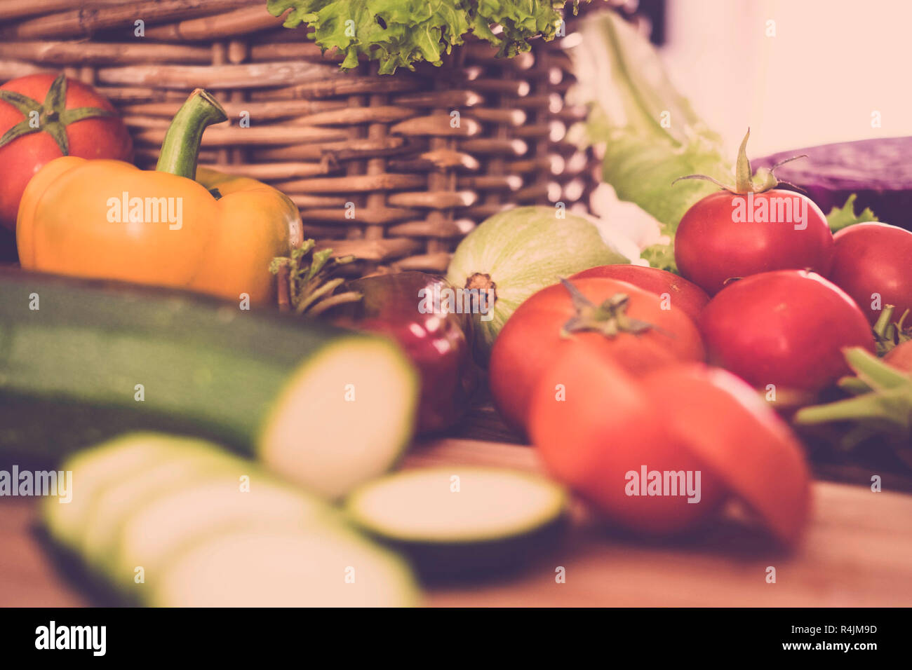 close up point of view table full of fresh vegetables for vegetarian ...