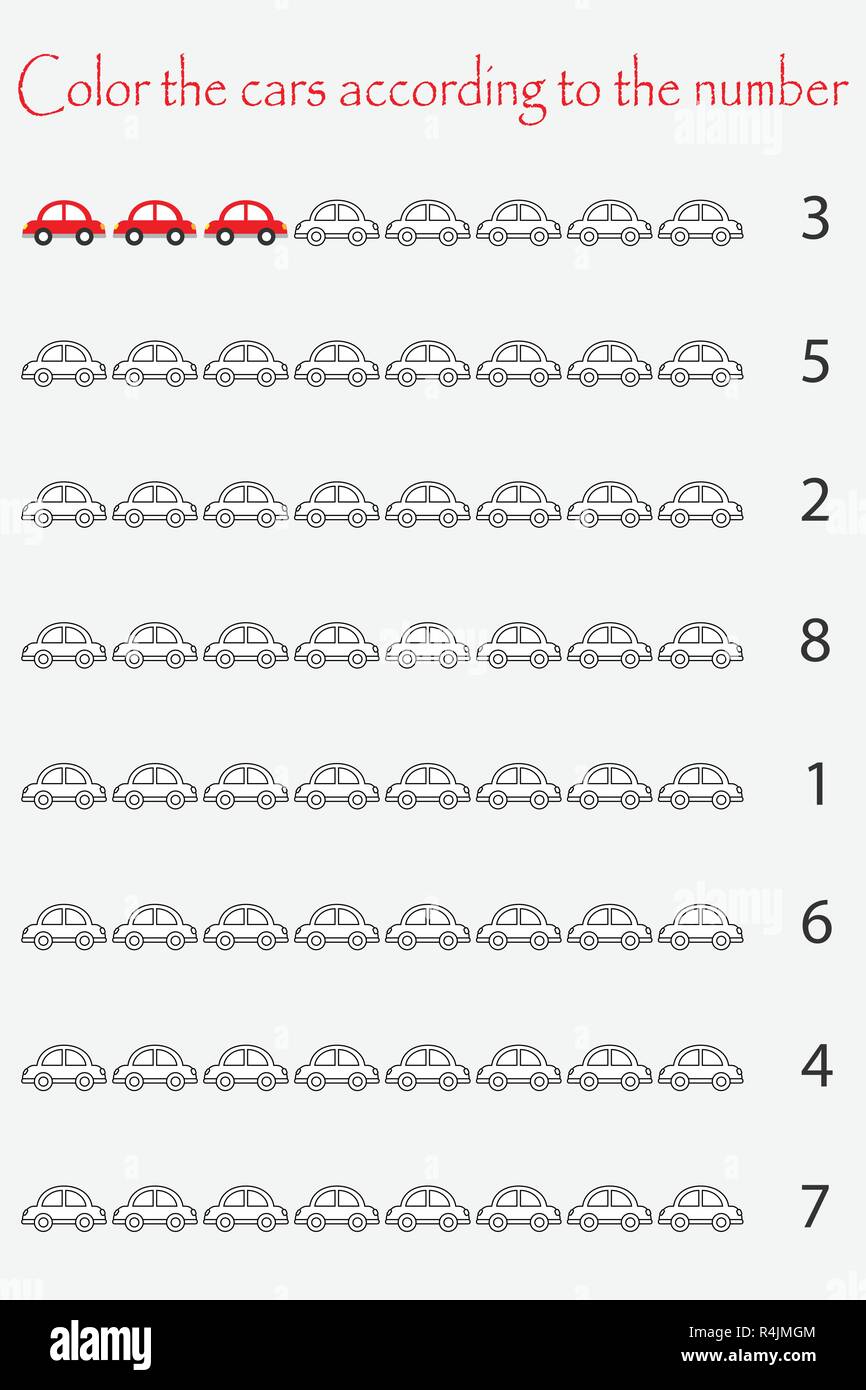 Mathematics game for children, count and color cars, easy level ...