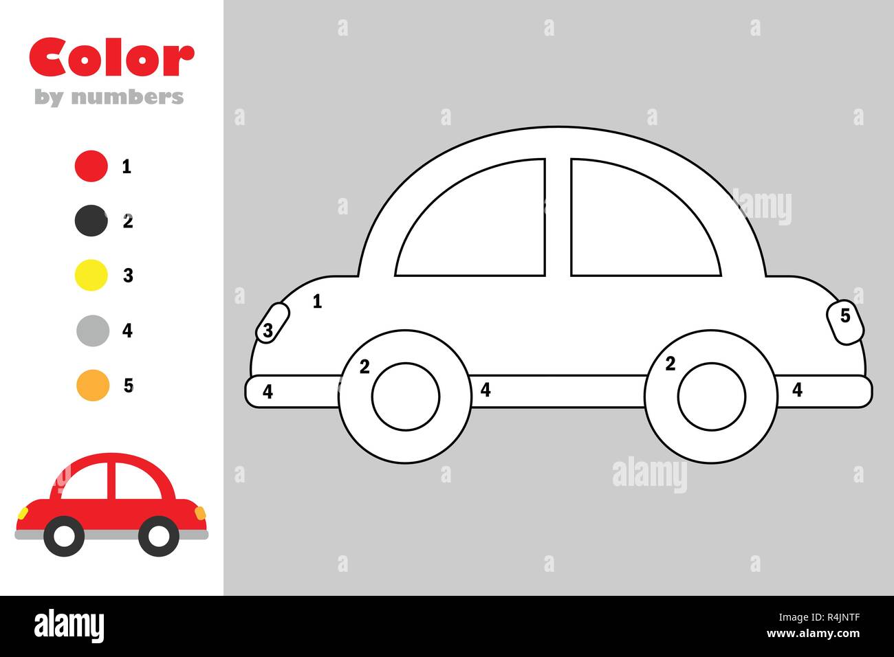 Car in cartoon style, color by number, education paper game for the ...