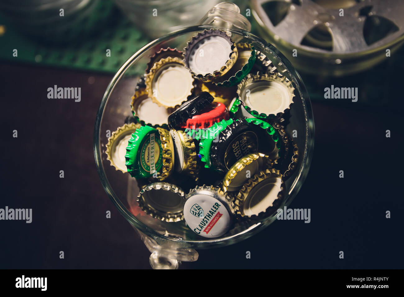 Ufa, Russia, Soloway, 23 July, 2018: Bottle caps, side by sideon black ...