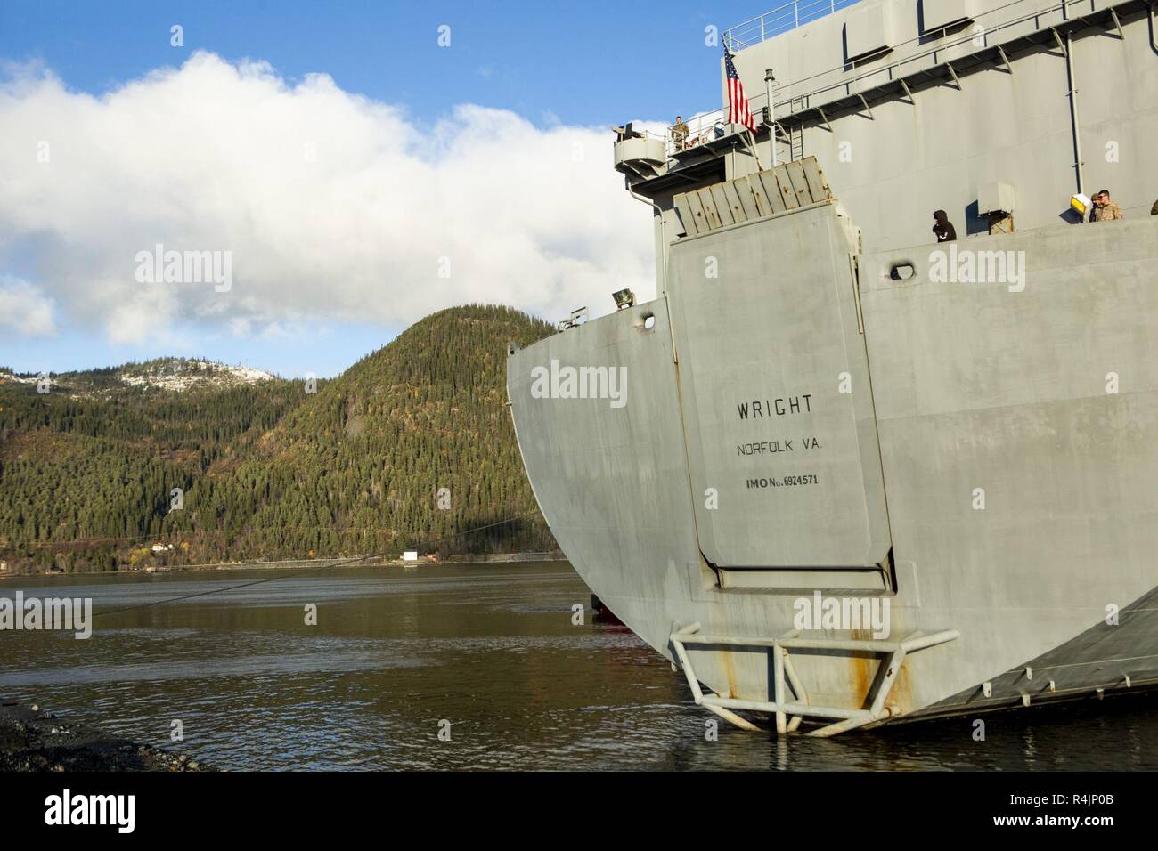 The aviation logistic ship S.S. Wright (T-AVB-3) ports during Exercise ...