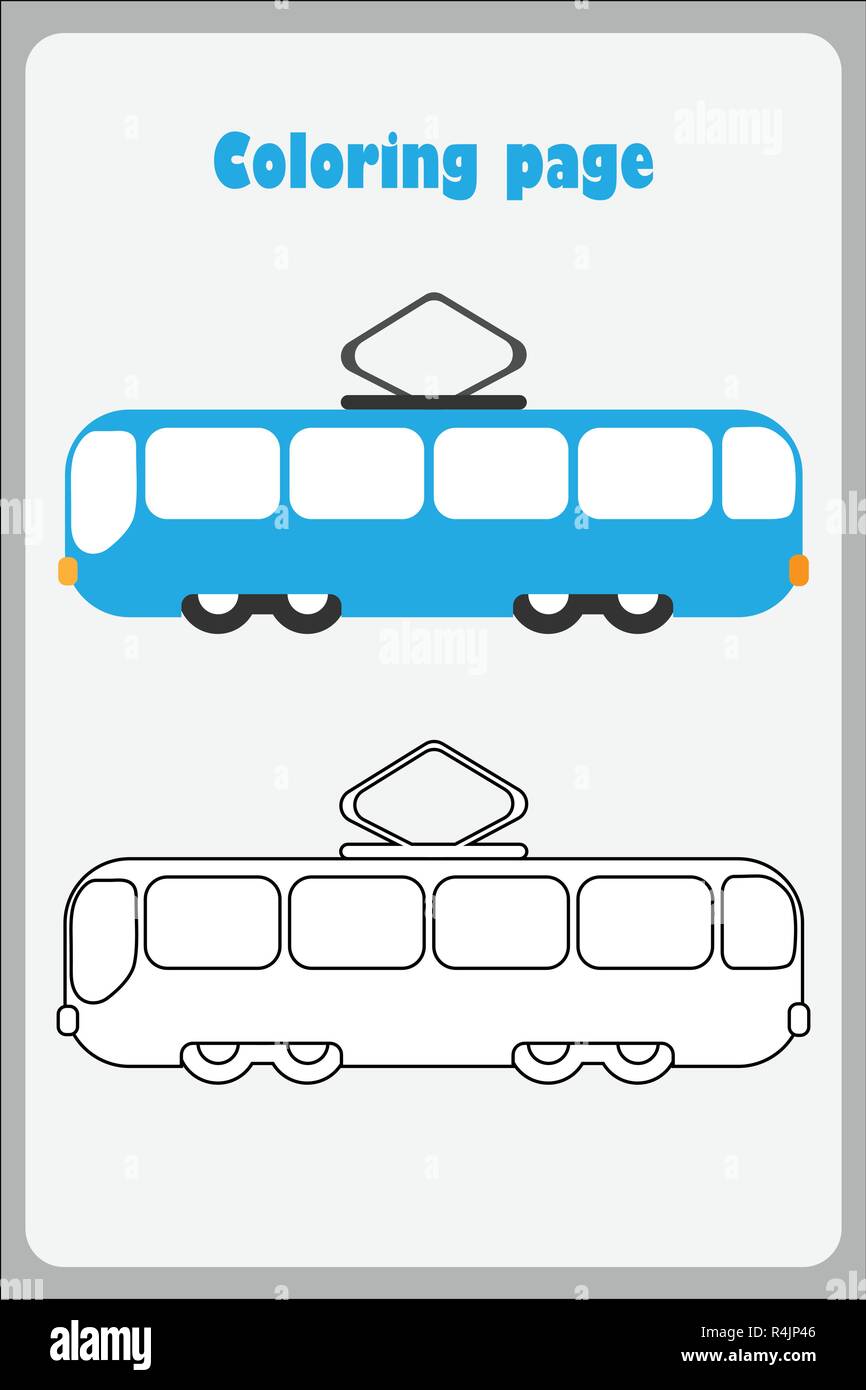Tram in cartoon style, coloring page, education paper game for the ...