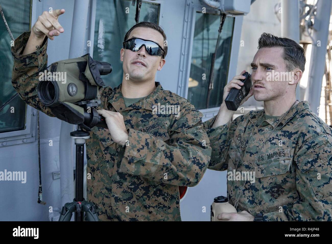 ATLANTIC OCEAN (Oct. 30, 2018) Cpl. David Mattox, left, and Cpl. Ryan ...