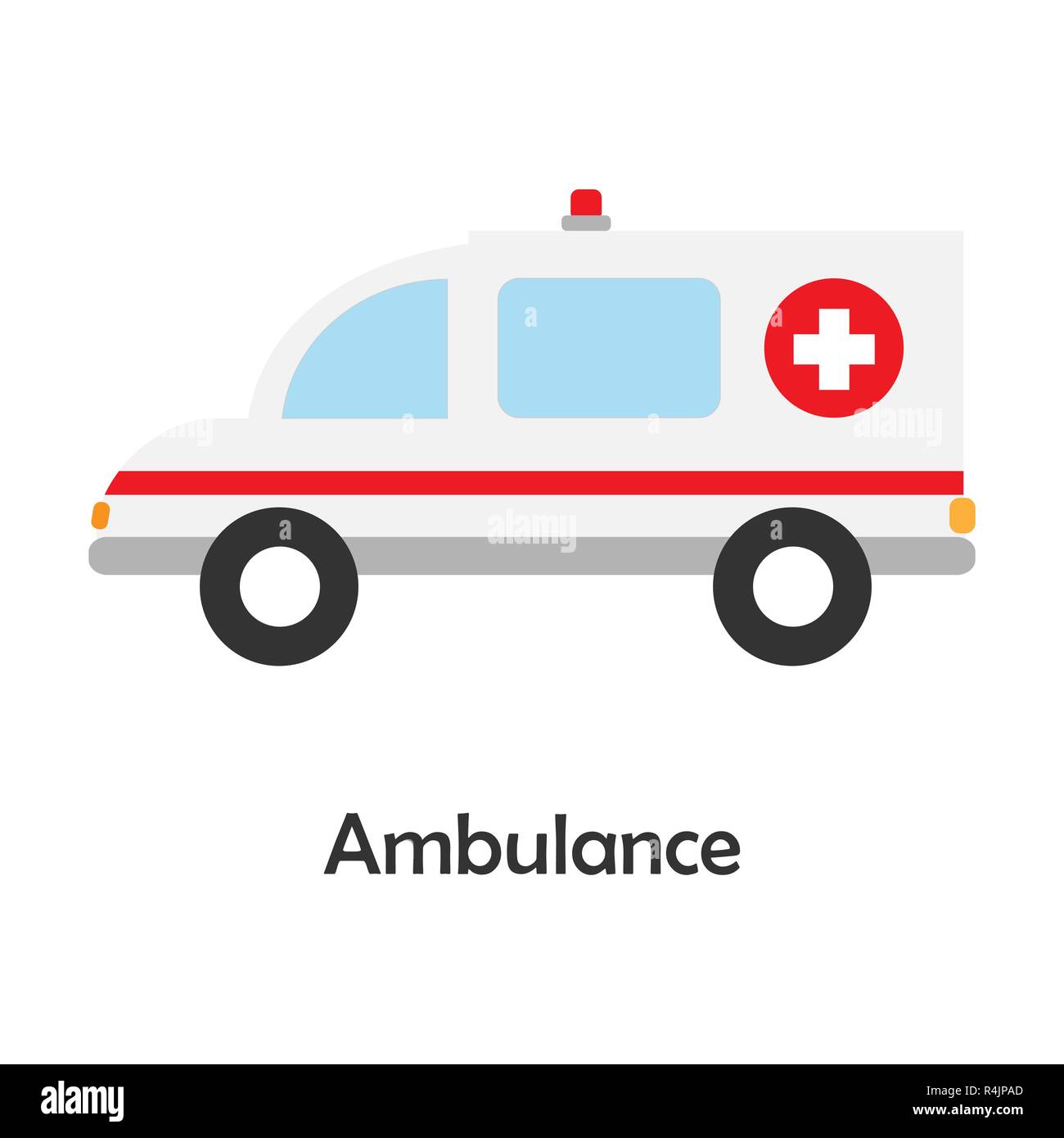 Ambulance in cartoon style, card with transport for kid, preschool ...