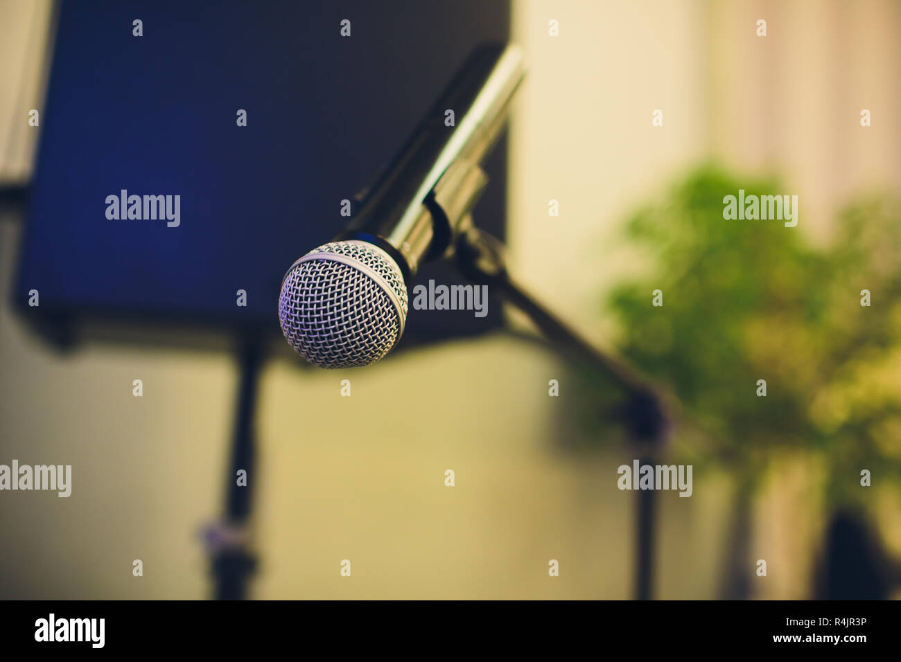 Close up of microphone in concert hall or conference room Stock Photo ...