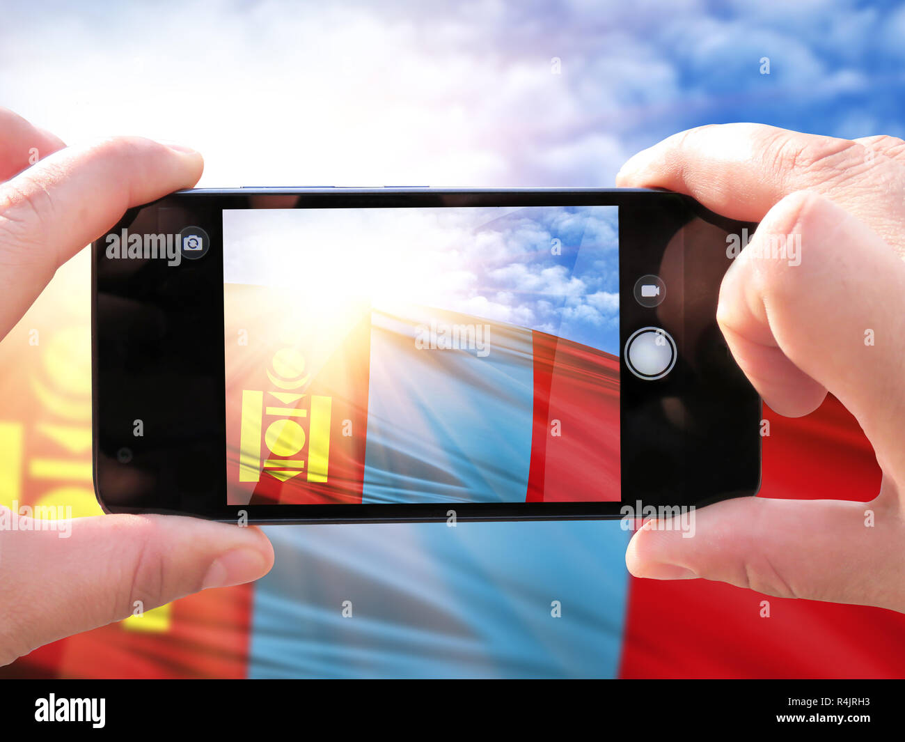 The concept of tourism and travel. The hands of men make a phone ...