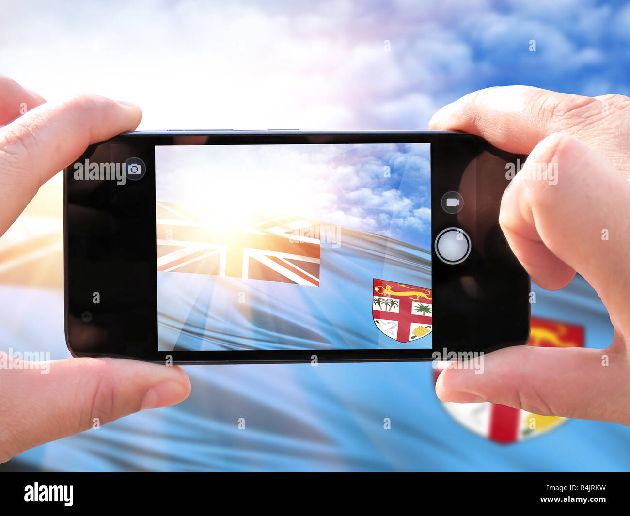 The concept of tourism and travel. The hands of men make a phone ...