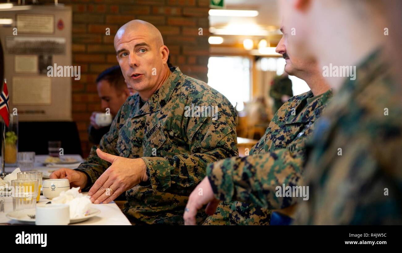U.S. Marine Corps Sgt. Maj. Howard Kreamer speaks with Marines attached ...