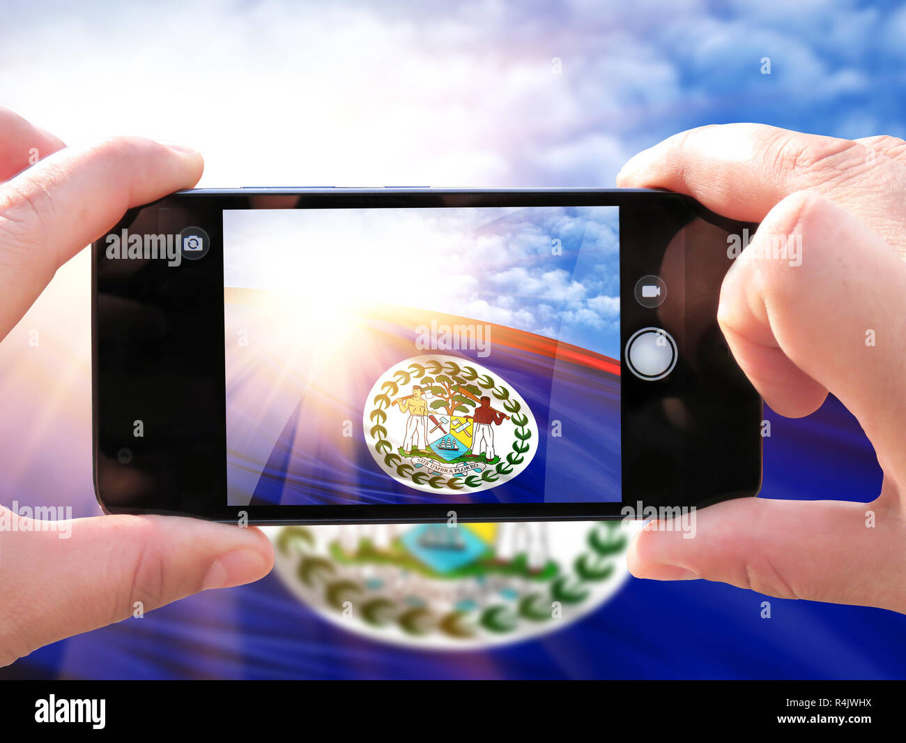 The concept of tourism and travel. The hands of men make a phone ...