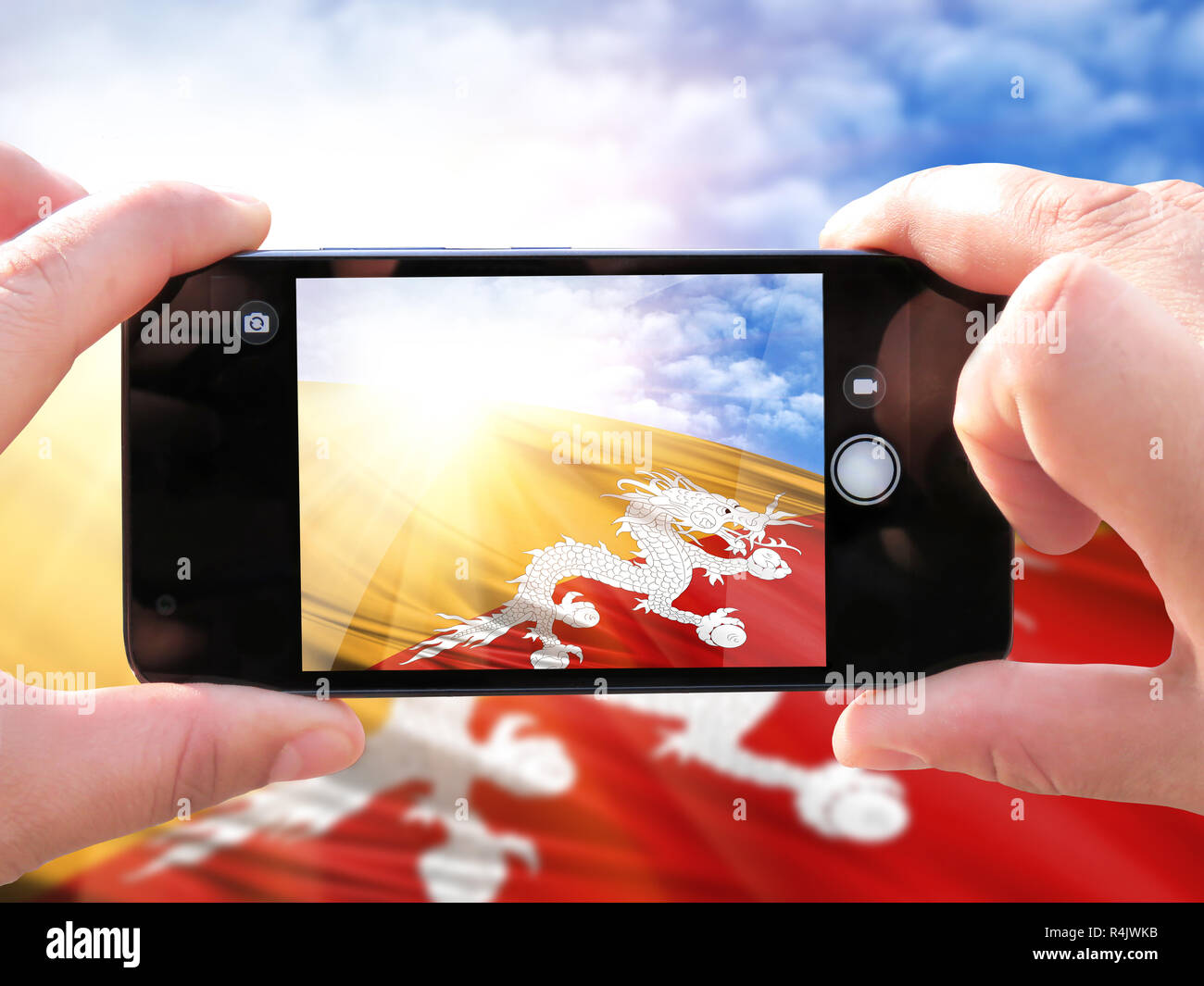 The concept of tourism and travel. The hands of men make a phone ...