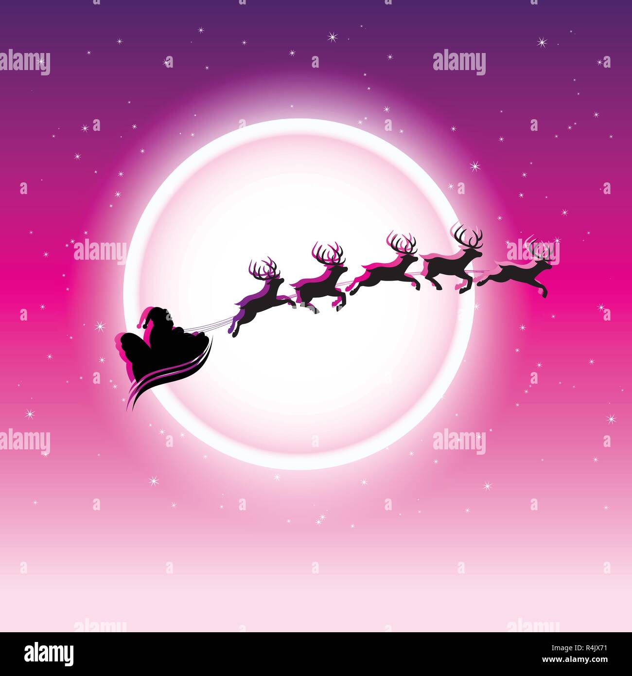 Vector Illustration of Santa and Reindeers over Magenta Starry Night ...
