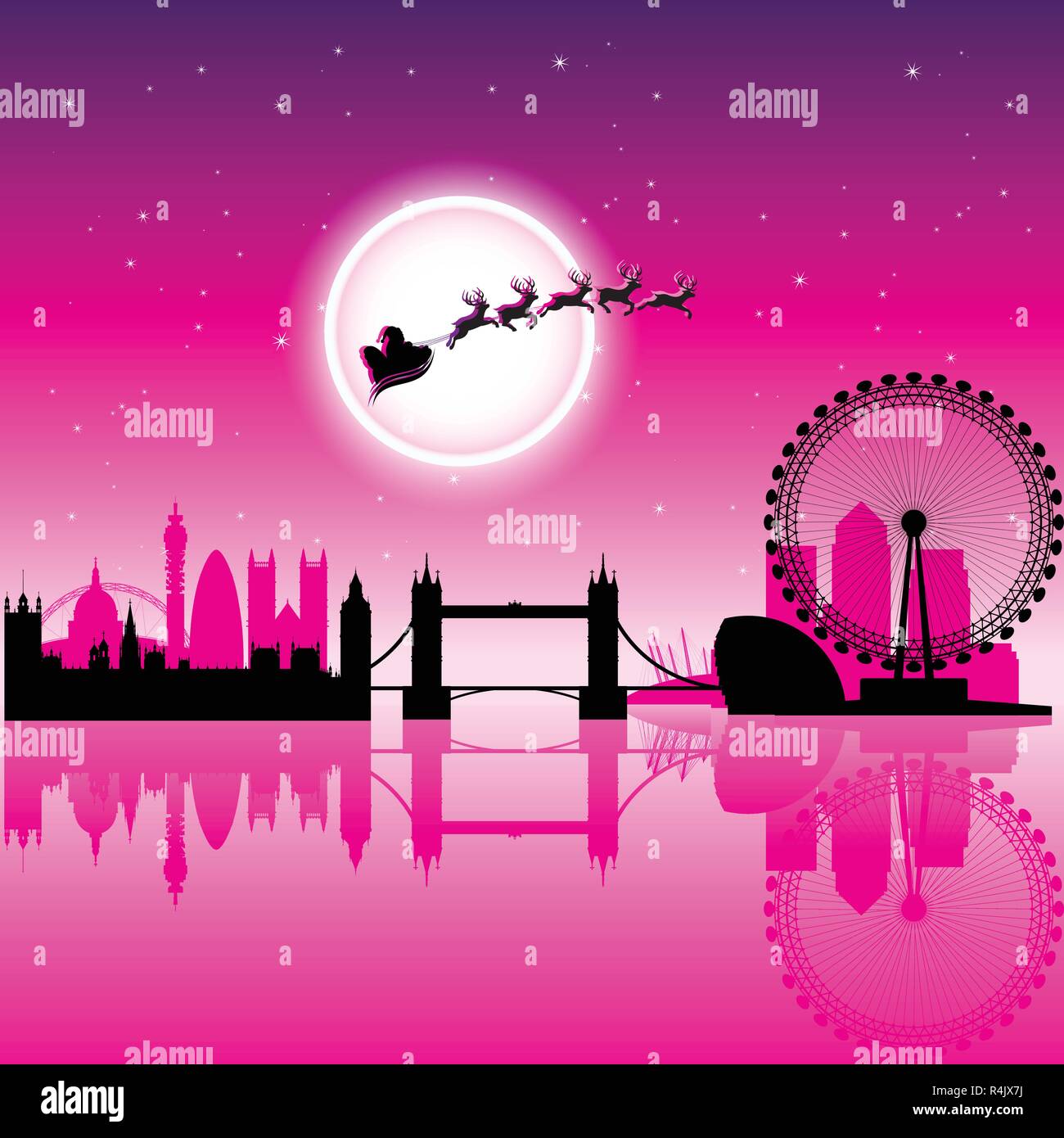 Vector Illustration of Santa In London over Magenta Night Sky Stock ...