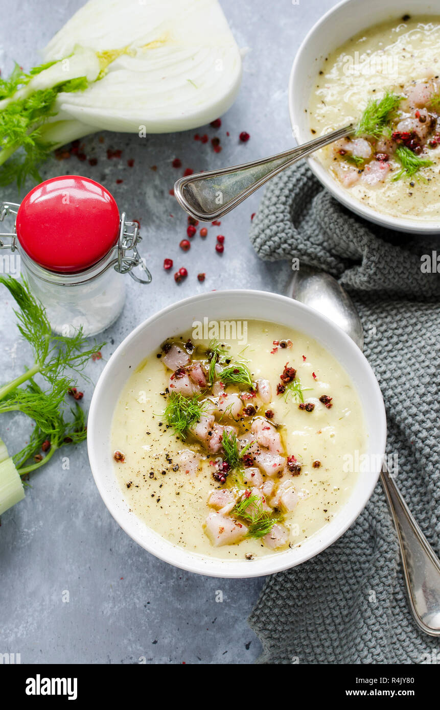 Creamy fennel soup with swordfish tartare Stock Photo - Alamy
