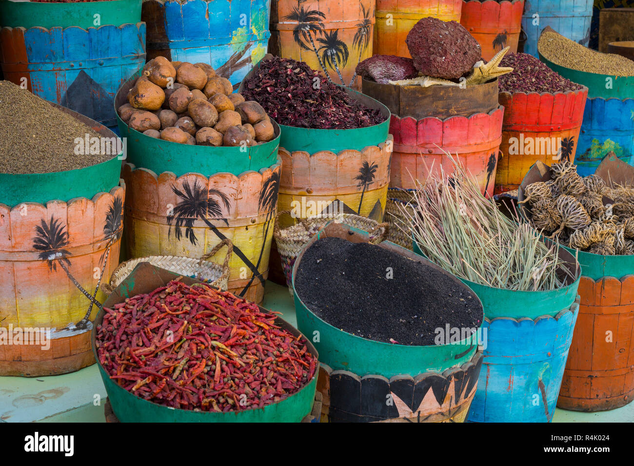 Traditional spices market with herbs and spices in Aswan, Egypt Stock ...