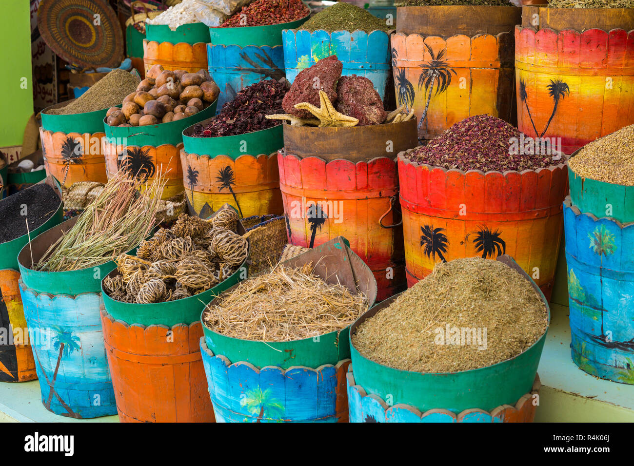 Traditional spices market with herbs and spices in Aswan, Egypt Stock ...