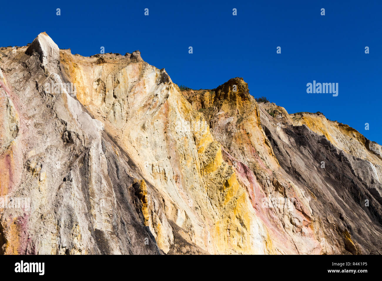 Famous multi coloured layered sands of the sandy cliffs of Alum Bay ...