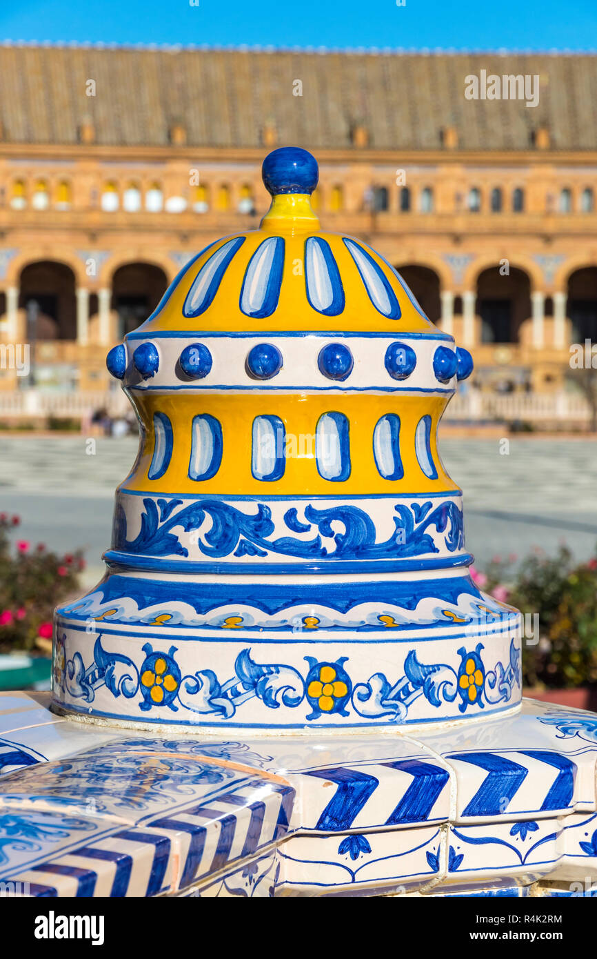 Details of tiled decorations of buildings at the Spain Square (Plaza de ...