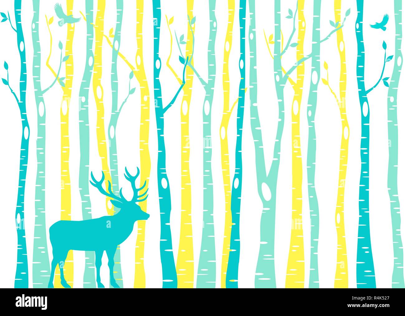 Teal and yellow birch tree forest with reindeer, vector background ...