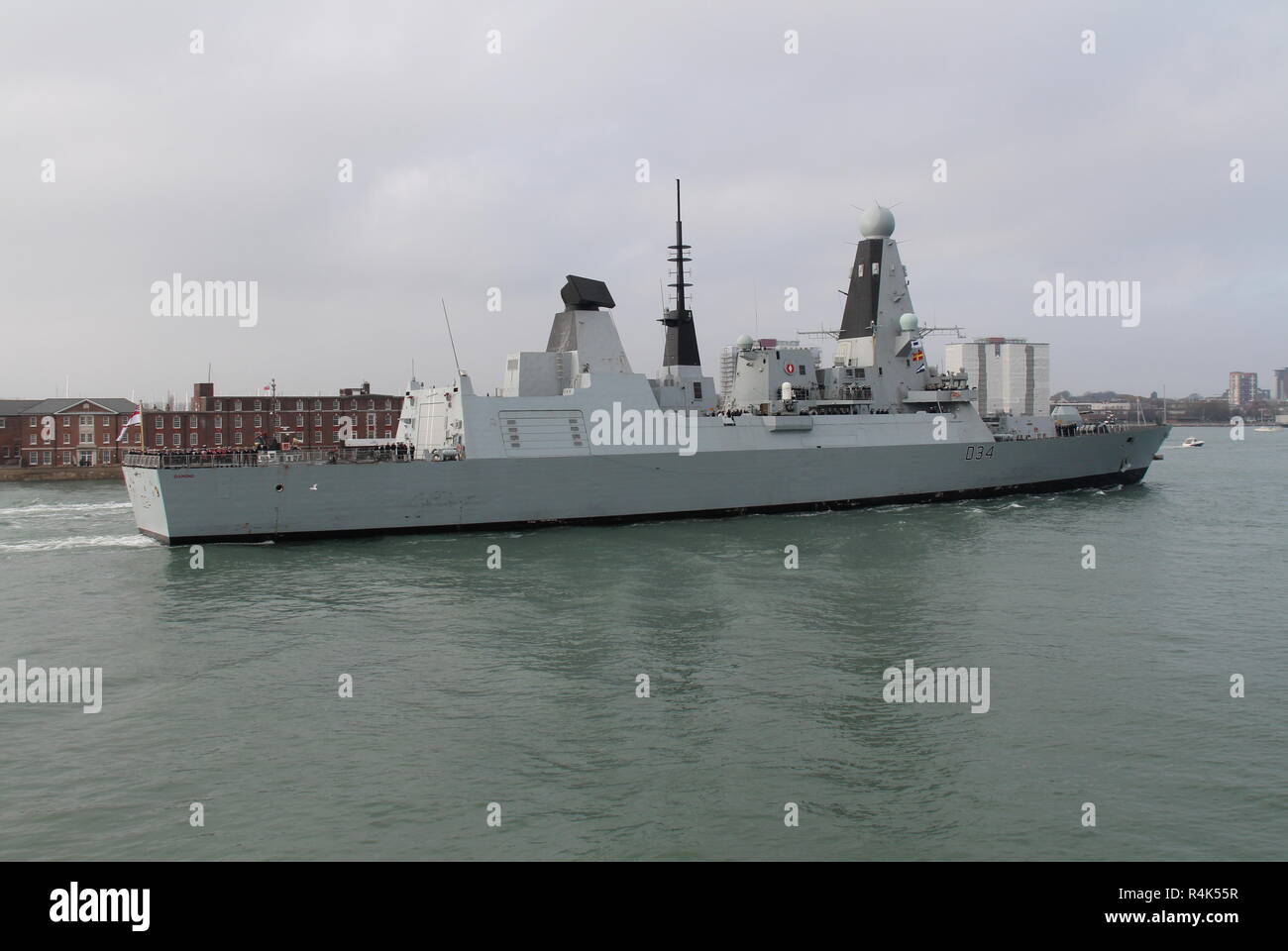 The RN destroyer HMS DIAMOND returns to her home port of Portsmouth, UK ...