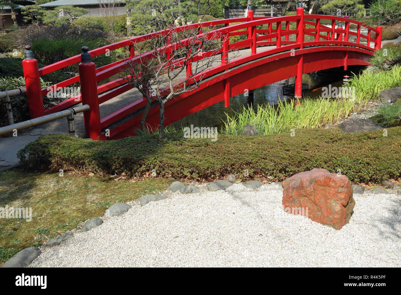 red bridge in a japanese garden Stock Photo - Alamy